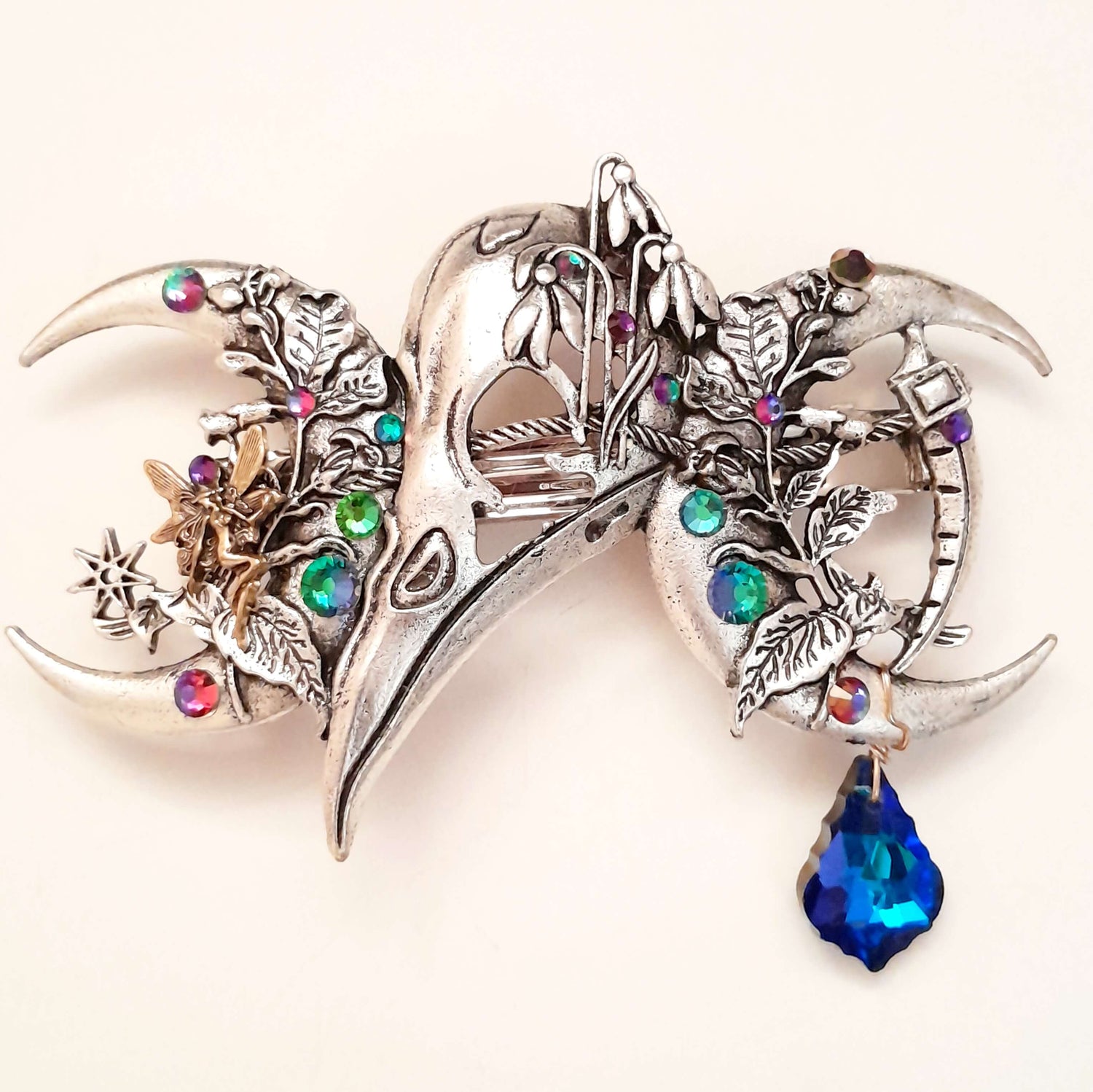 Moon Hairclip Blue Crystal Bird Skull Barrette