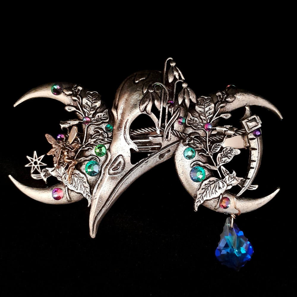 Moon Hairclip Blue Crystal Bird Skull Barrette