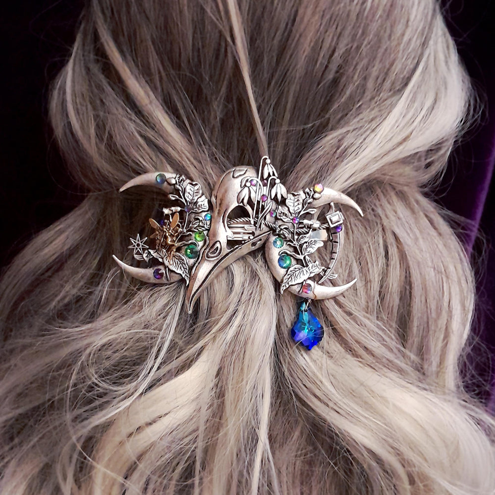 Moon Hairclip Blue Crystal Bird Skull Barrette