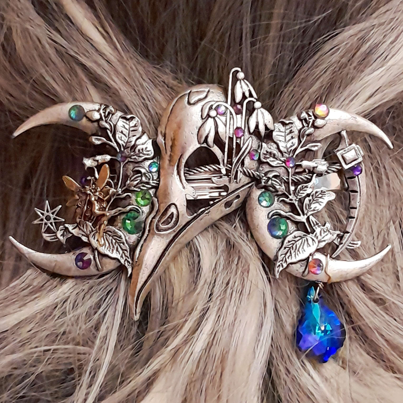 Moon Hairclip Blue Crystal Bird Skull Barrette