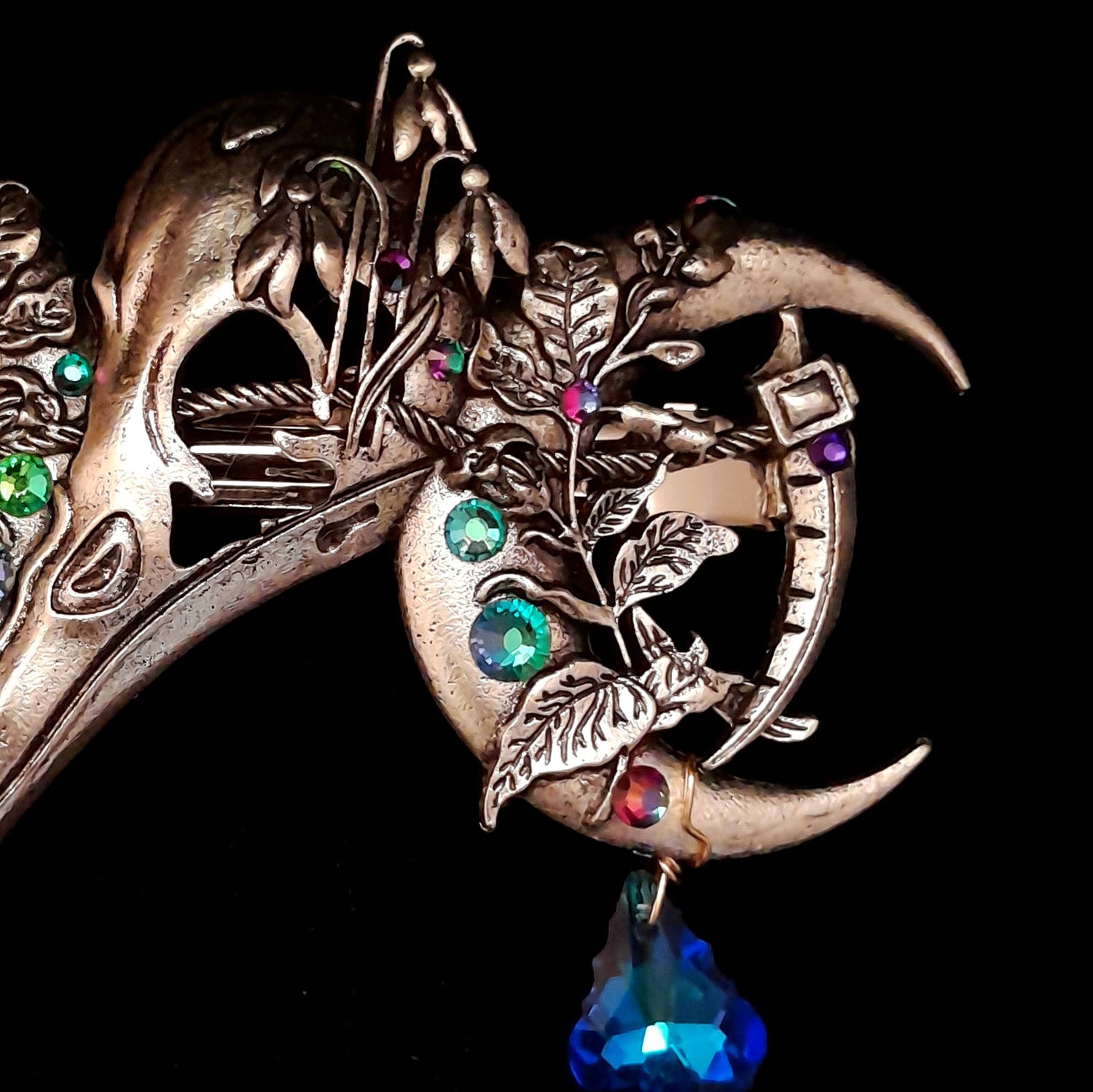 Moon Hairclip Blue Crystal Bird Skull Barrette
